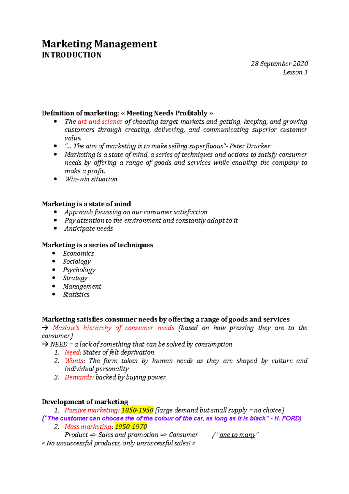 Marketing Management - Notes de cours 1-3 - Marketing Management ...