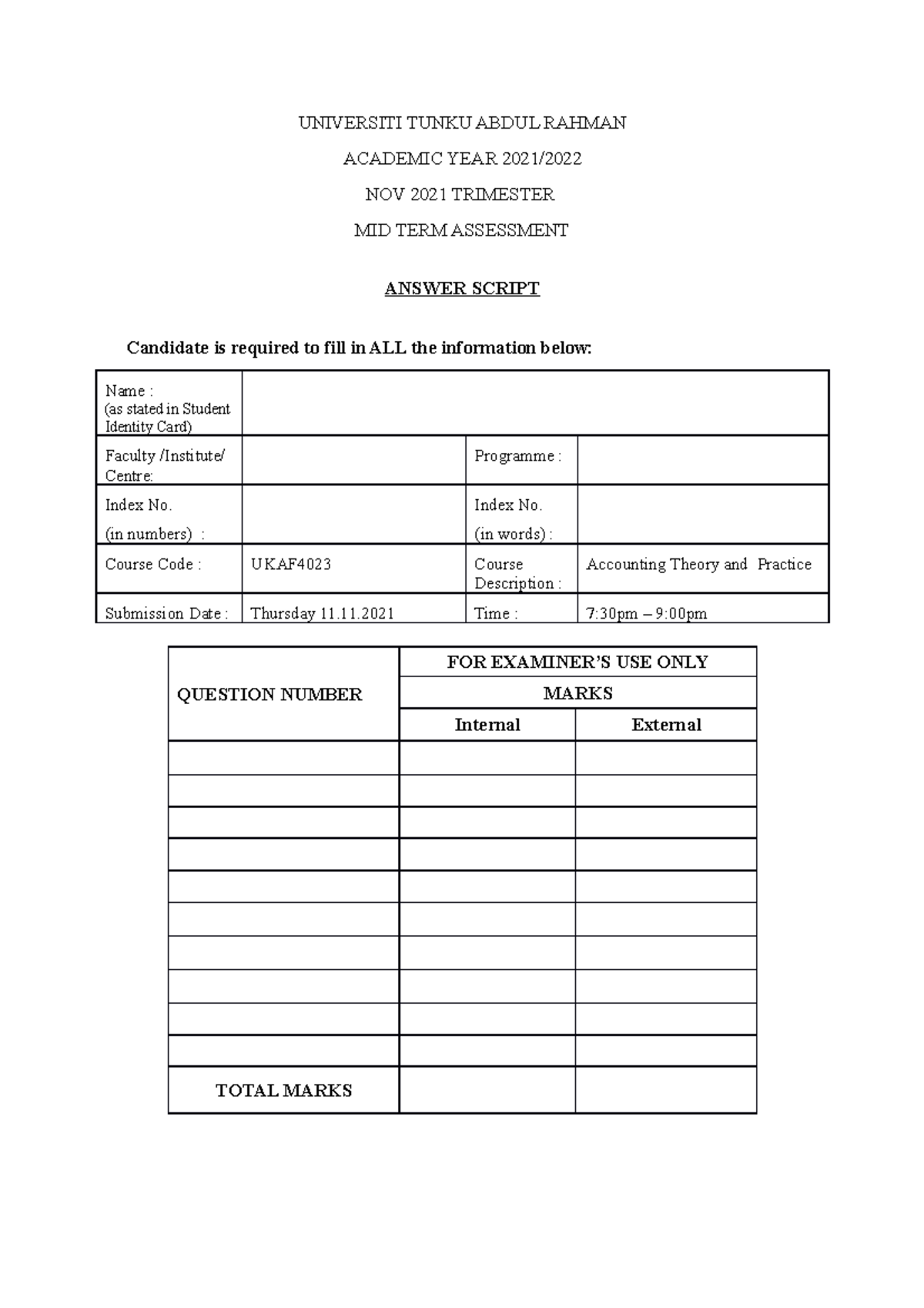Answer Script Template - Accounting Theory And Pratice - UTAR - Studocu