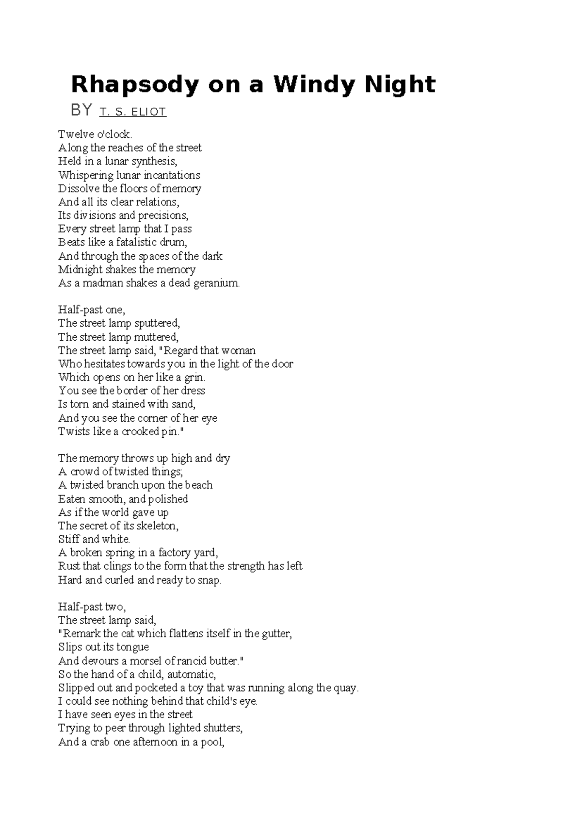 Rhapsody on a windy night annotations - Rhapsody on a Windy Night BY T ...