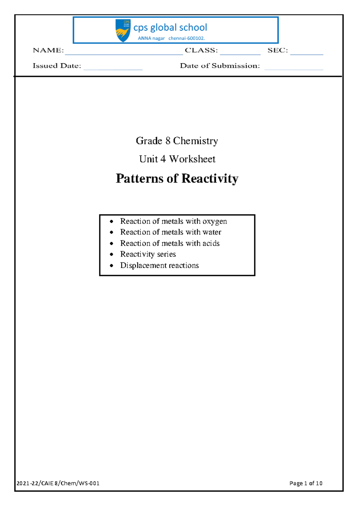 G8 Unit 4 Patterns of Reactivity Worksheet - Answer Key - Grade 8 ...