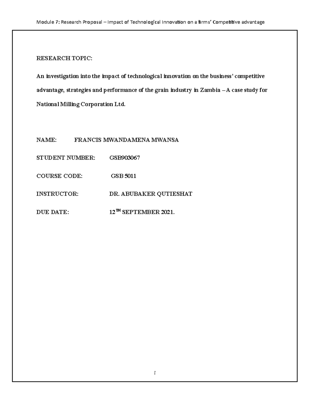 Research Proposal 2021 -Module 7 - RESEARCH TOPIC: An investigation ...