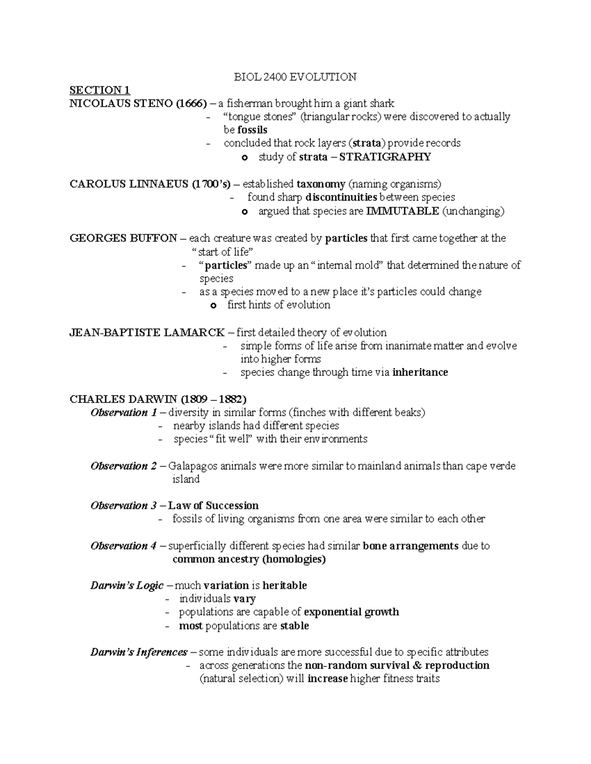 Evolution Partial Notes - BIOL 2400 EVOLUTION SECTION 1 NICOLAUS STENO ...