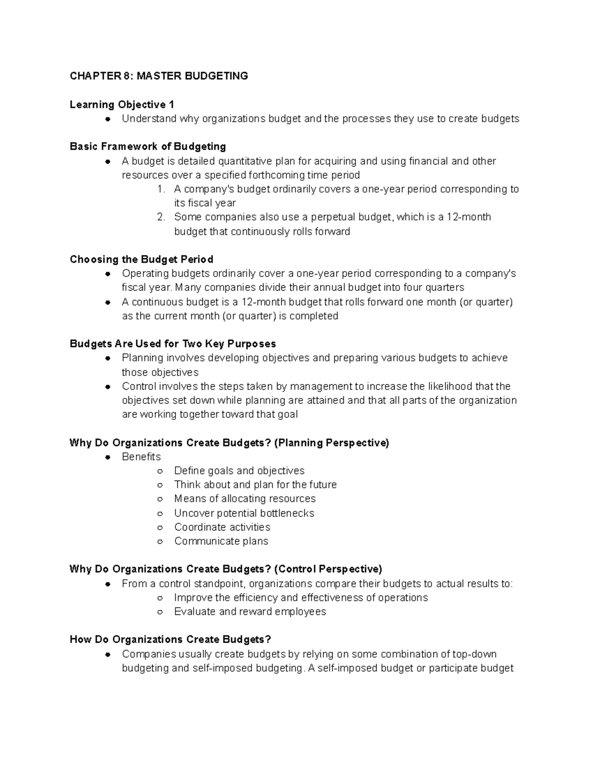 Chapter 8 Master Budgeting - CHAPTER 8: MASTER BUDGETING Learning Objective 1 Understand why ...