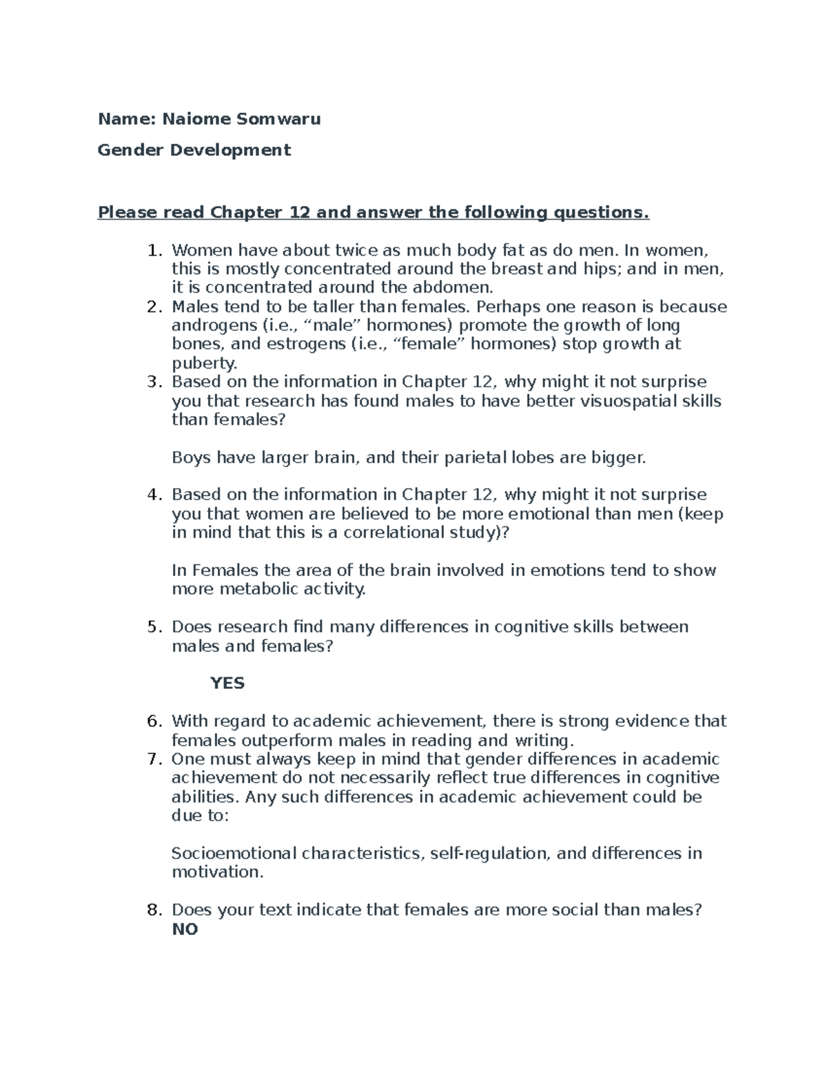 Gender development chapter 12 - Name: Naiome Somwaru Gender Development ...