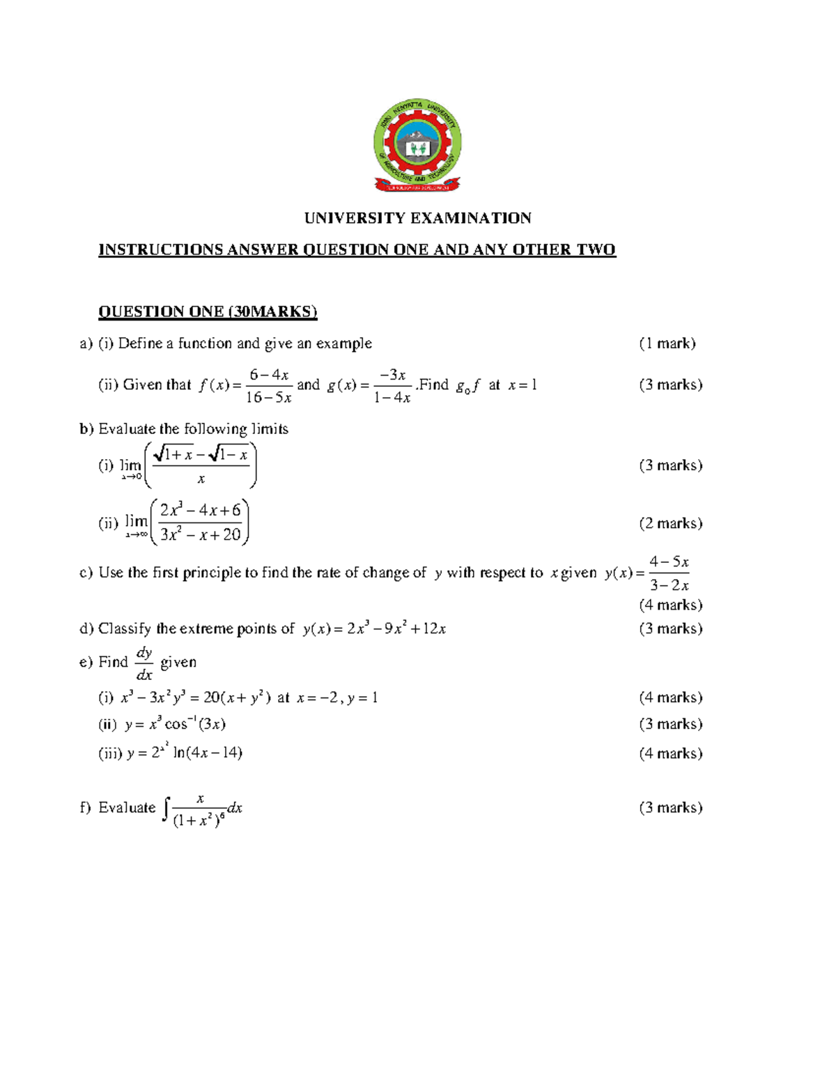 Calculus I Revison Paper 1 - UNIVERSITY EXAMINATION INSTRUCTIONS ANSWER ...