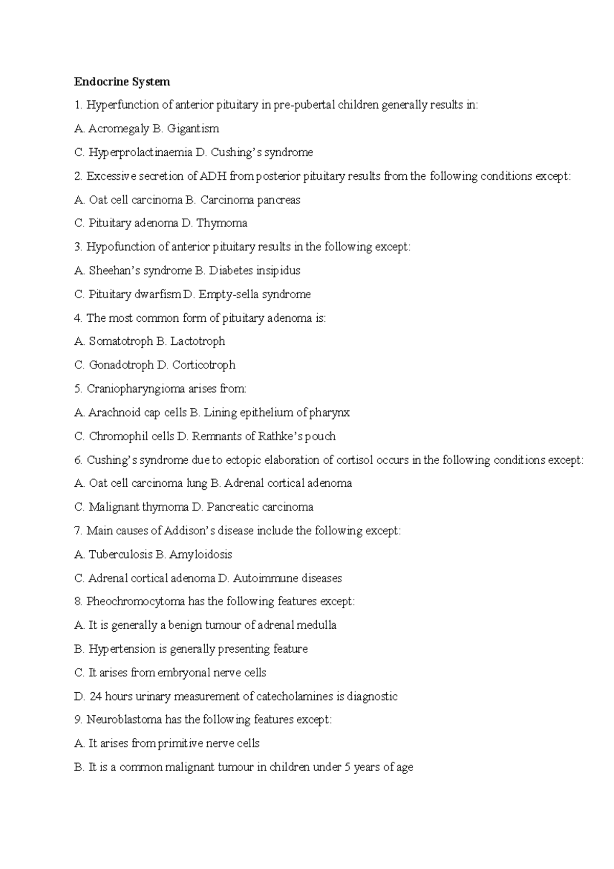 MCQ Pathophysiology - Endocrine System Hyperfunction of anterior ...