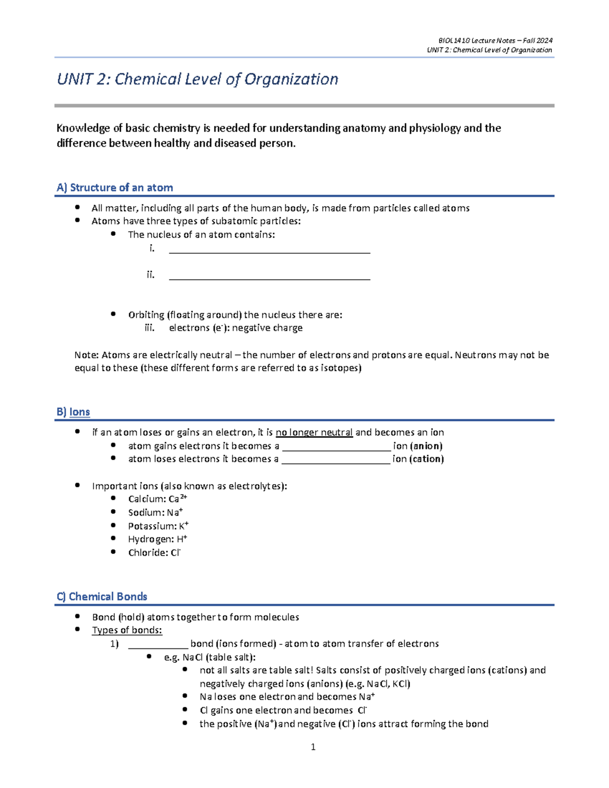 2 - UNIT 2 - Chemical Level OF Organization (2024) - UNIT 2: Chemical ...