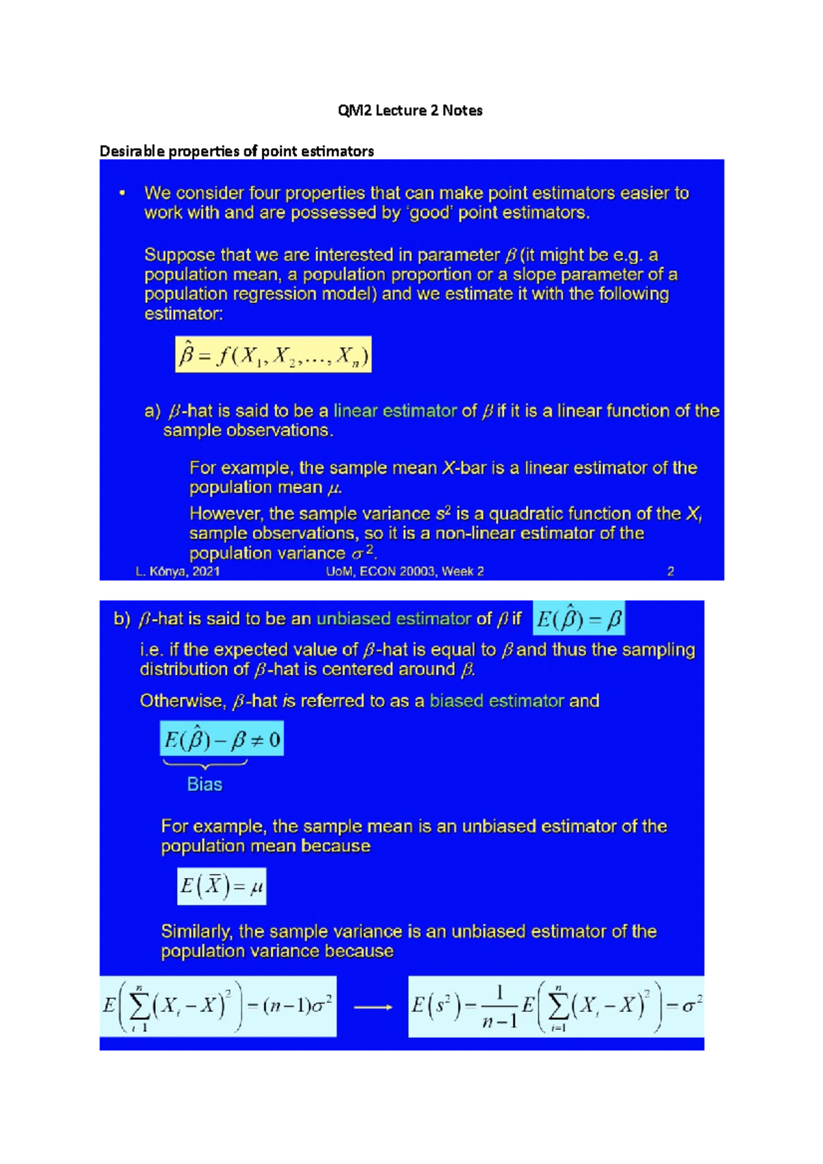 QM2 Lecture 2 Notes - QM2 Lecture 2 Notes Desirable properties of point ...