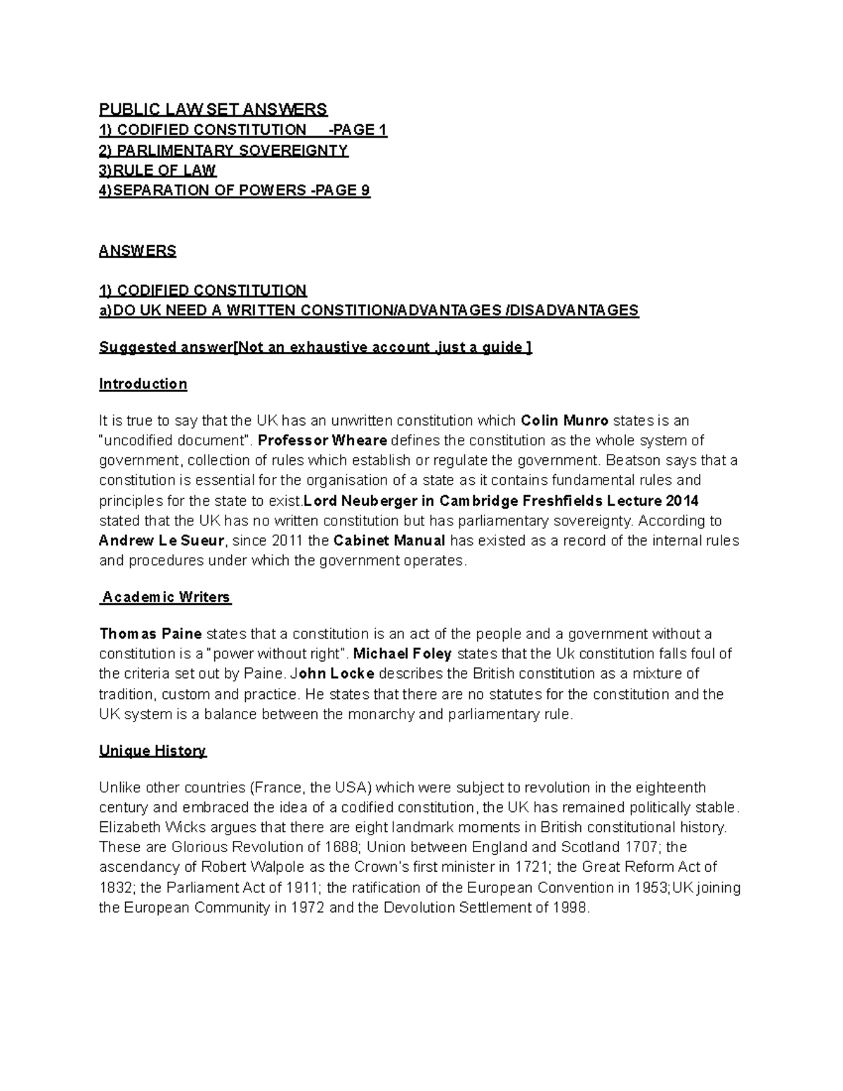 Public Law Answers - PUBLIC LAW SET ANSWERS 1) CODIFIED CONSTITUTION ...
