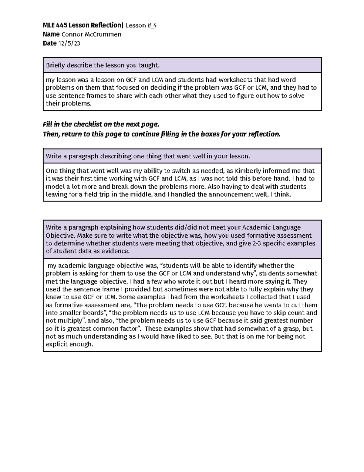 Copy of Lesson Reflection - Name Connor McCrummen Date 12/5/ Briefly ...