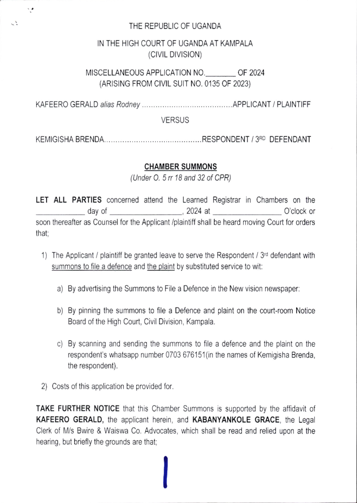 Chamber Summons - Kafeero Gerald - IN THE HIGH COURT OF UGANDA AT ...
