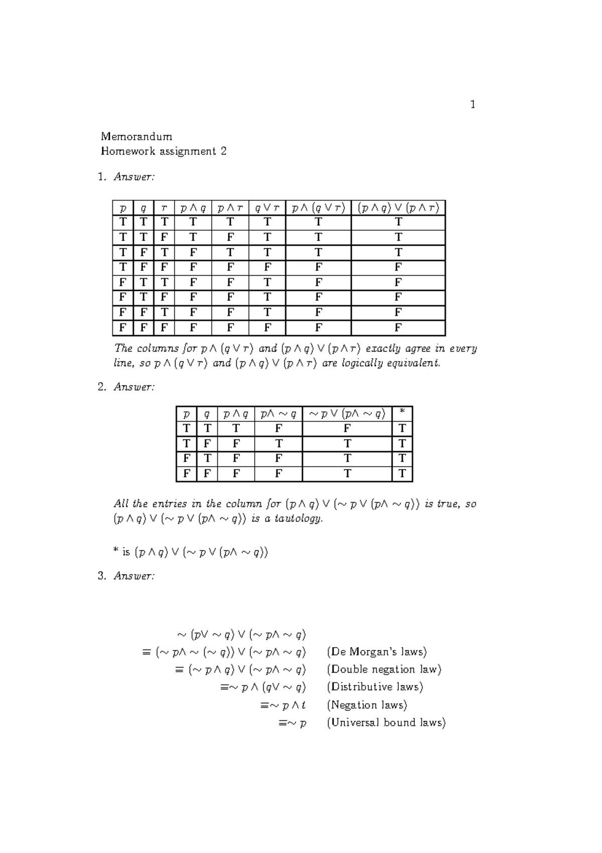 Tutotials 2 solutions - ....................... - Memorandum Homework assignment 2 Answer: p q r ...