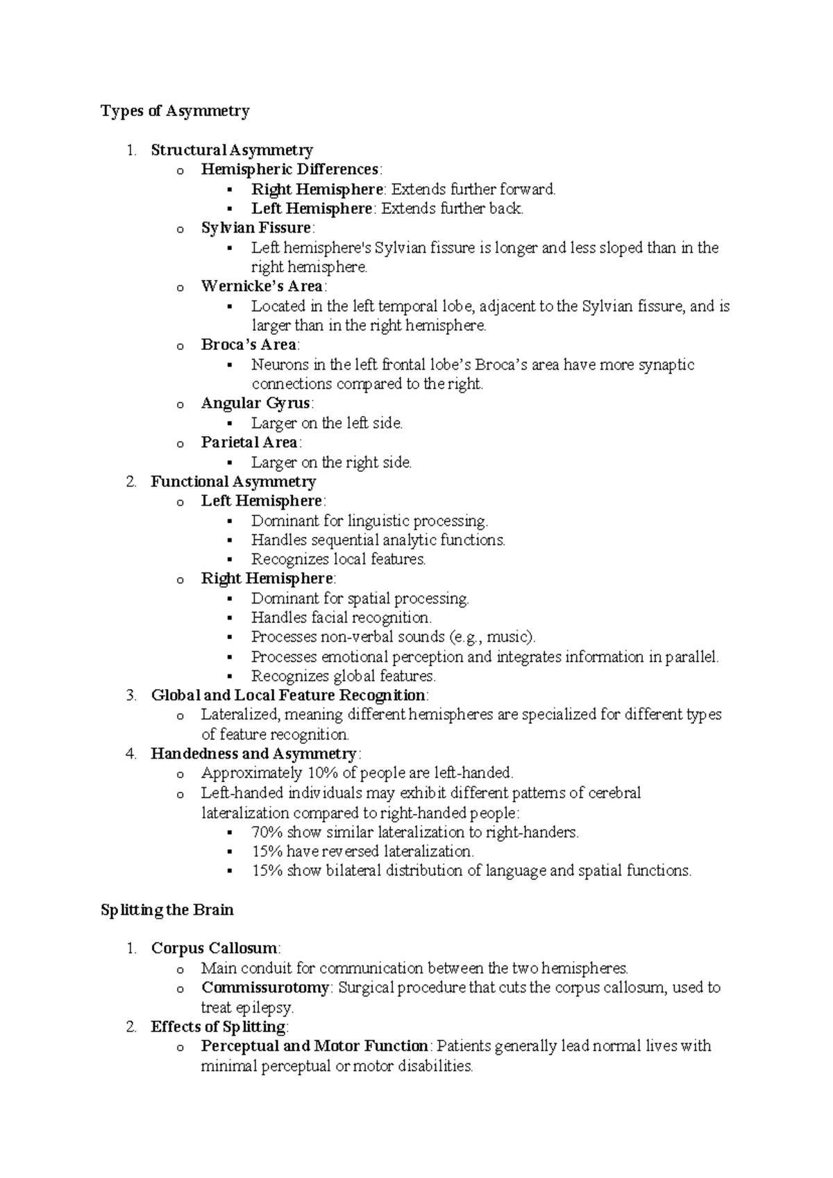Doc2 - intro - Types of Asymmetry 1. Structural Asymmetry o Hemispheric ...
