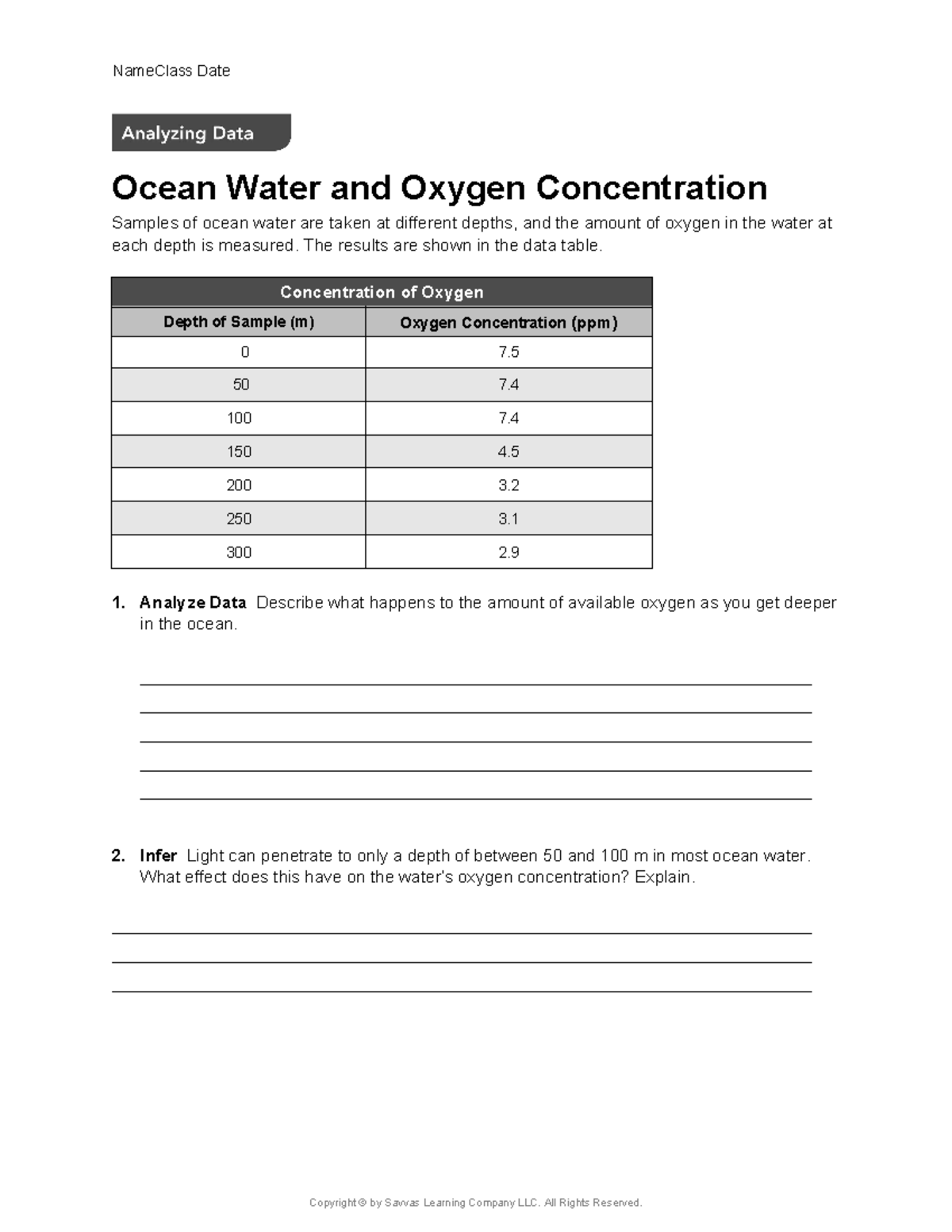 BIO CH04 Analyzing Data - Ocean Water and Oxygen Concentration Samples ...