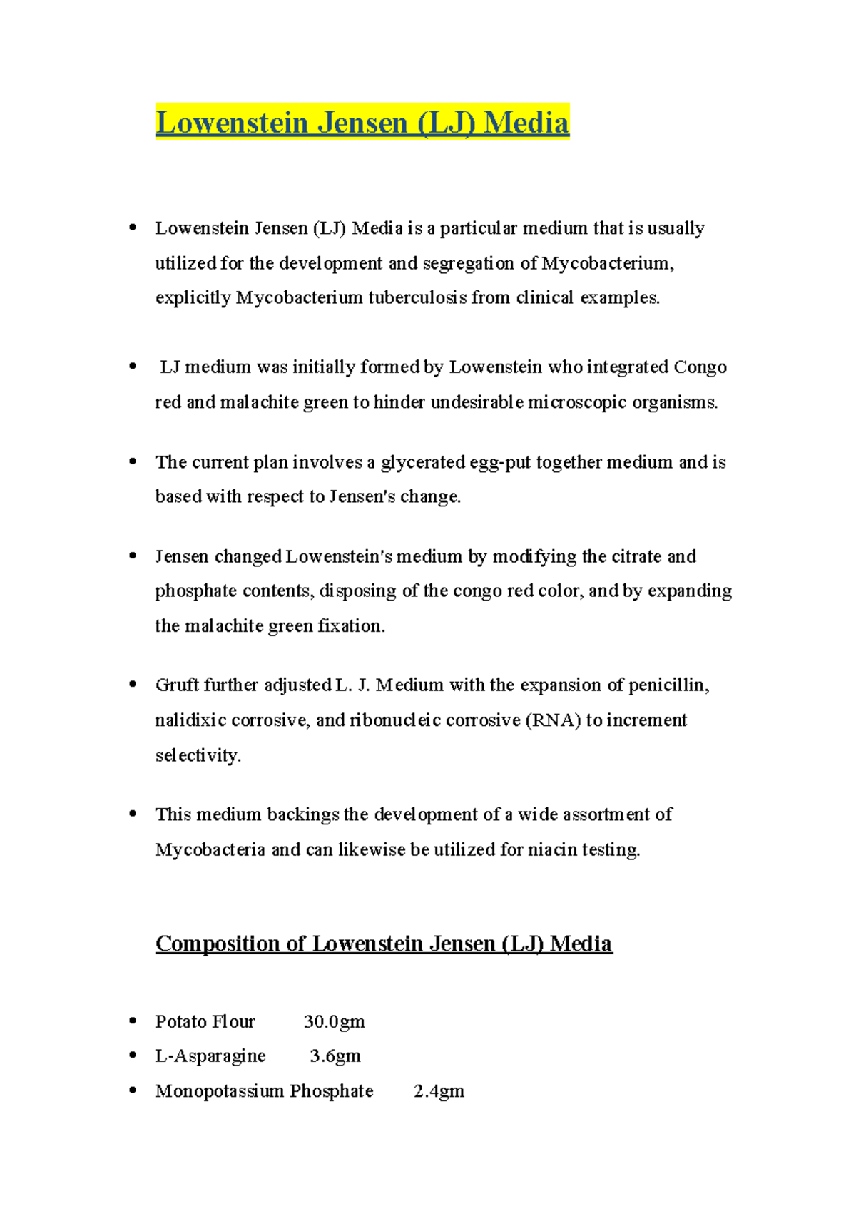 Lowenstein Jensen media - Lowenstein Jensen (LJ) Media Lowenstein Jensen (LJ) Media is a - Studocu