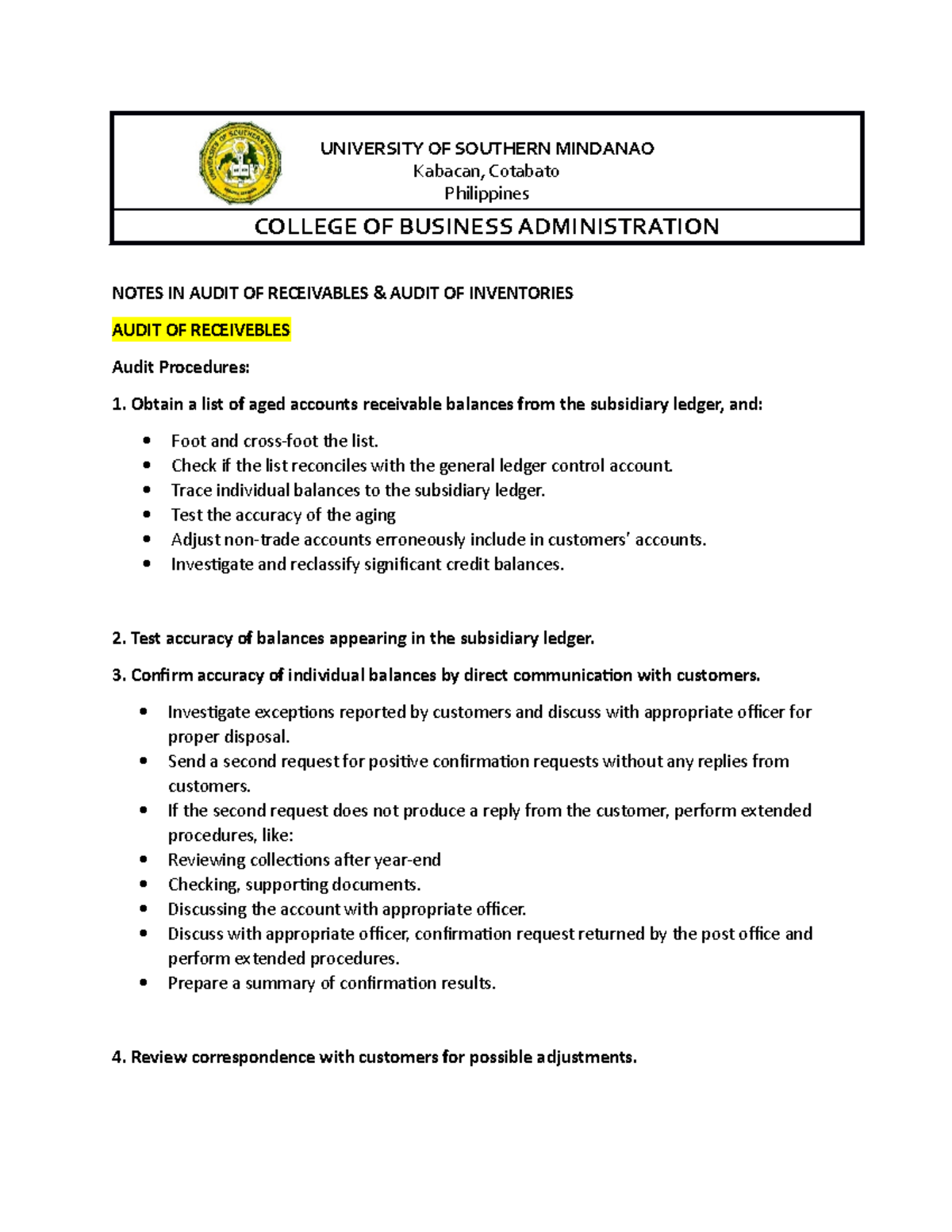 Audit Of Receivables And Inventories Notes University Of Southern Mindanao Kabacan Cotabato
