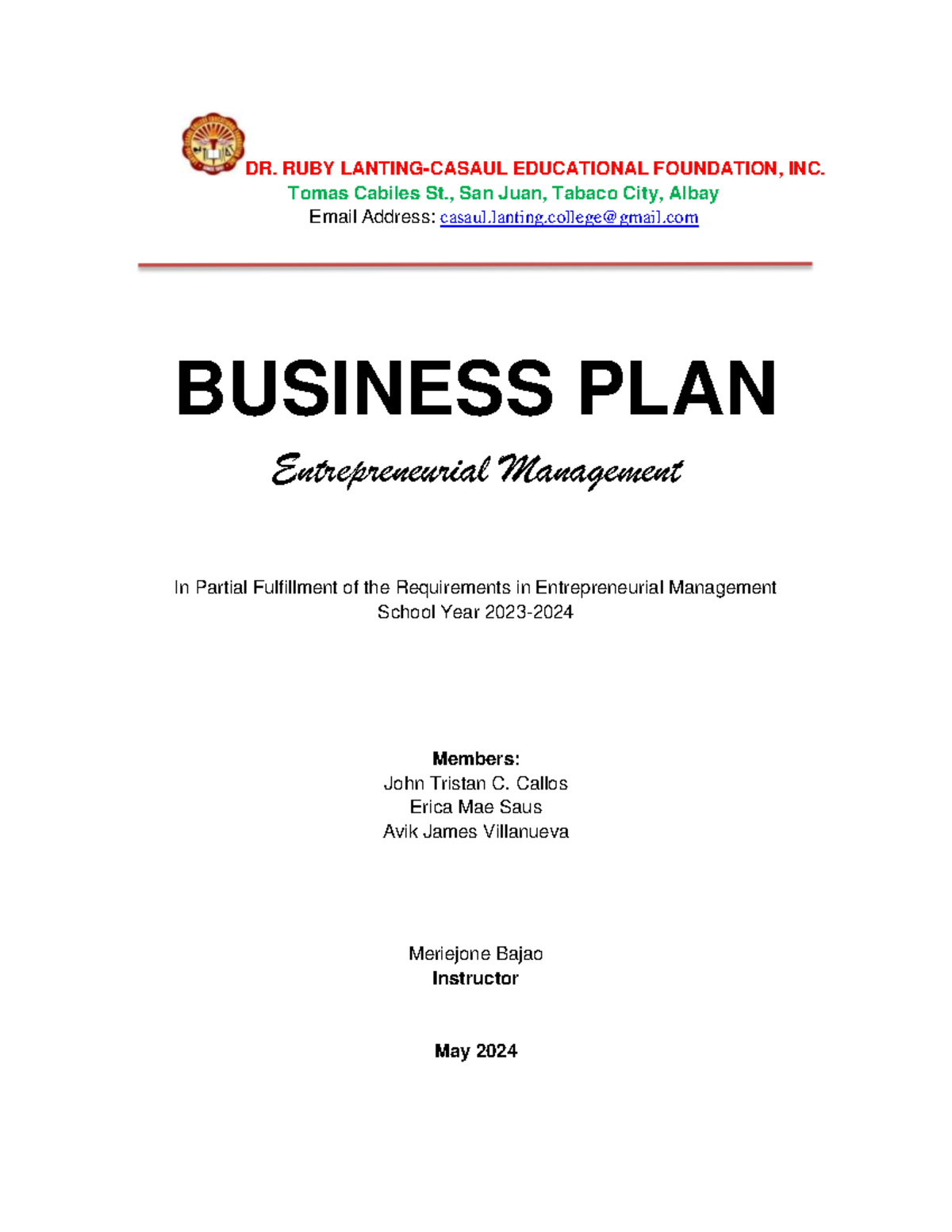 Business PLAN Entreprenuerial Management - DR. RUBY LANTING-CASAUL ...