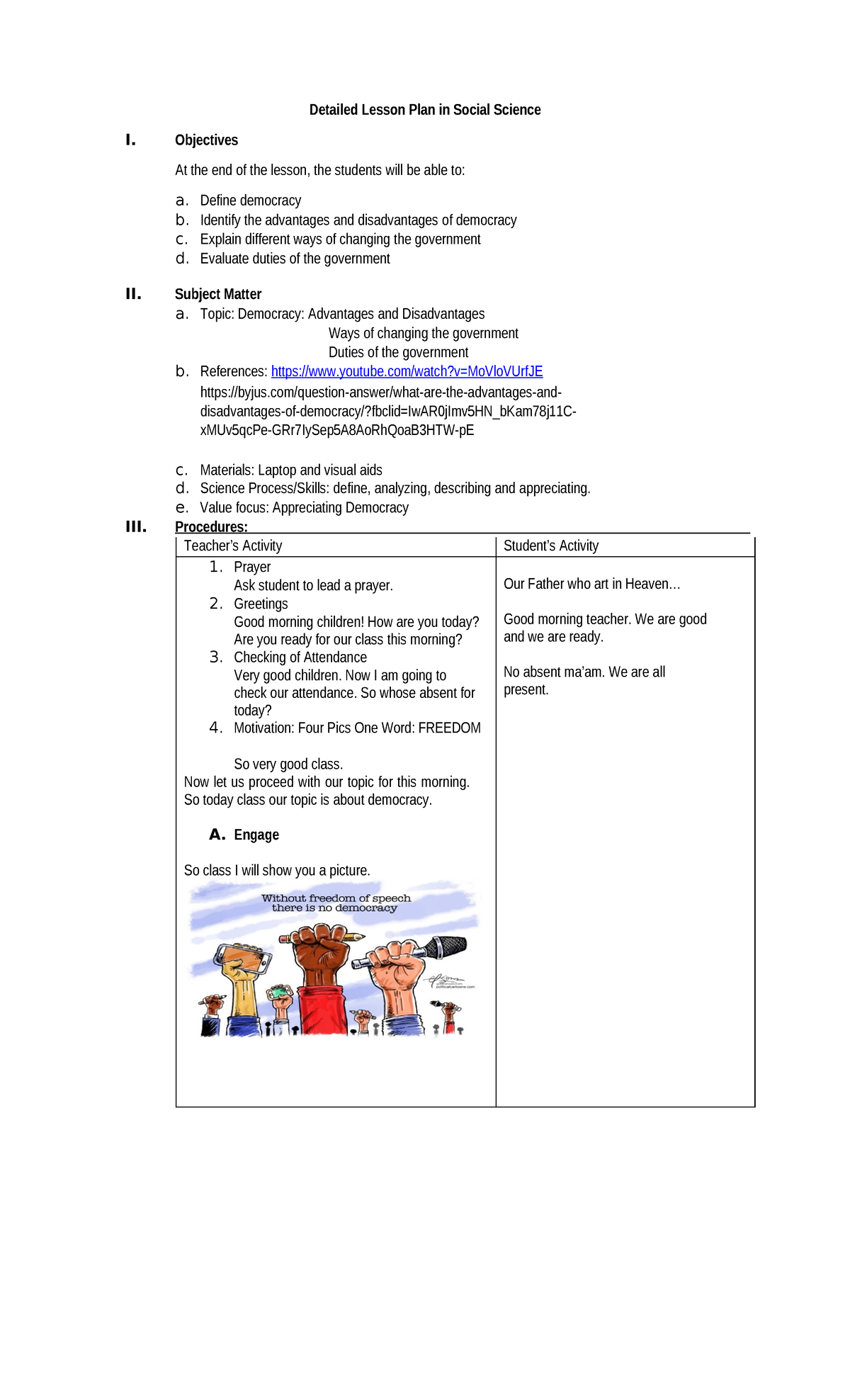 Lesson-PLAN Democracy - Detailed Lesson Plan in Social Science I ...