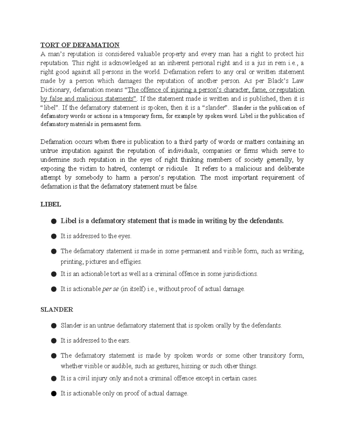 Tort of Defamation - TORT OF DEFAMATION A man’s reputation is ...