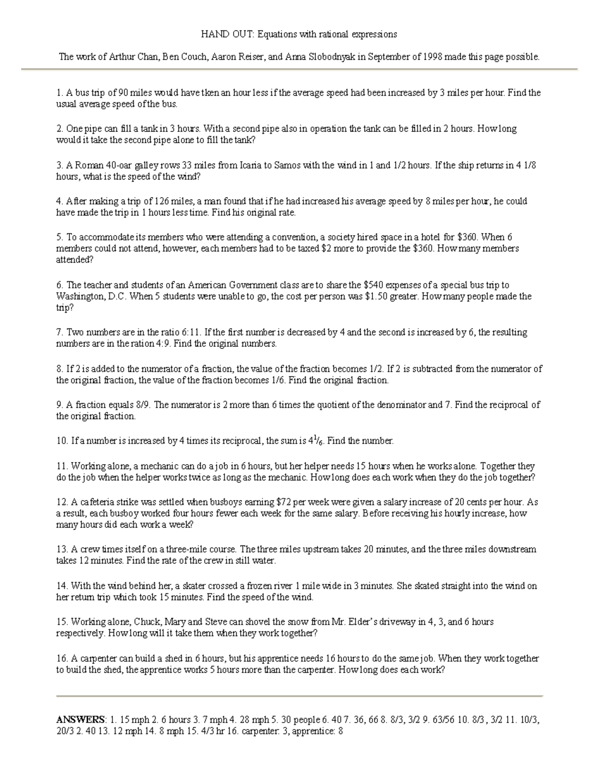 HW 21 - Rational Equation Word Problems - Algebra 2 - HAND OUT ...