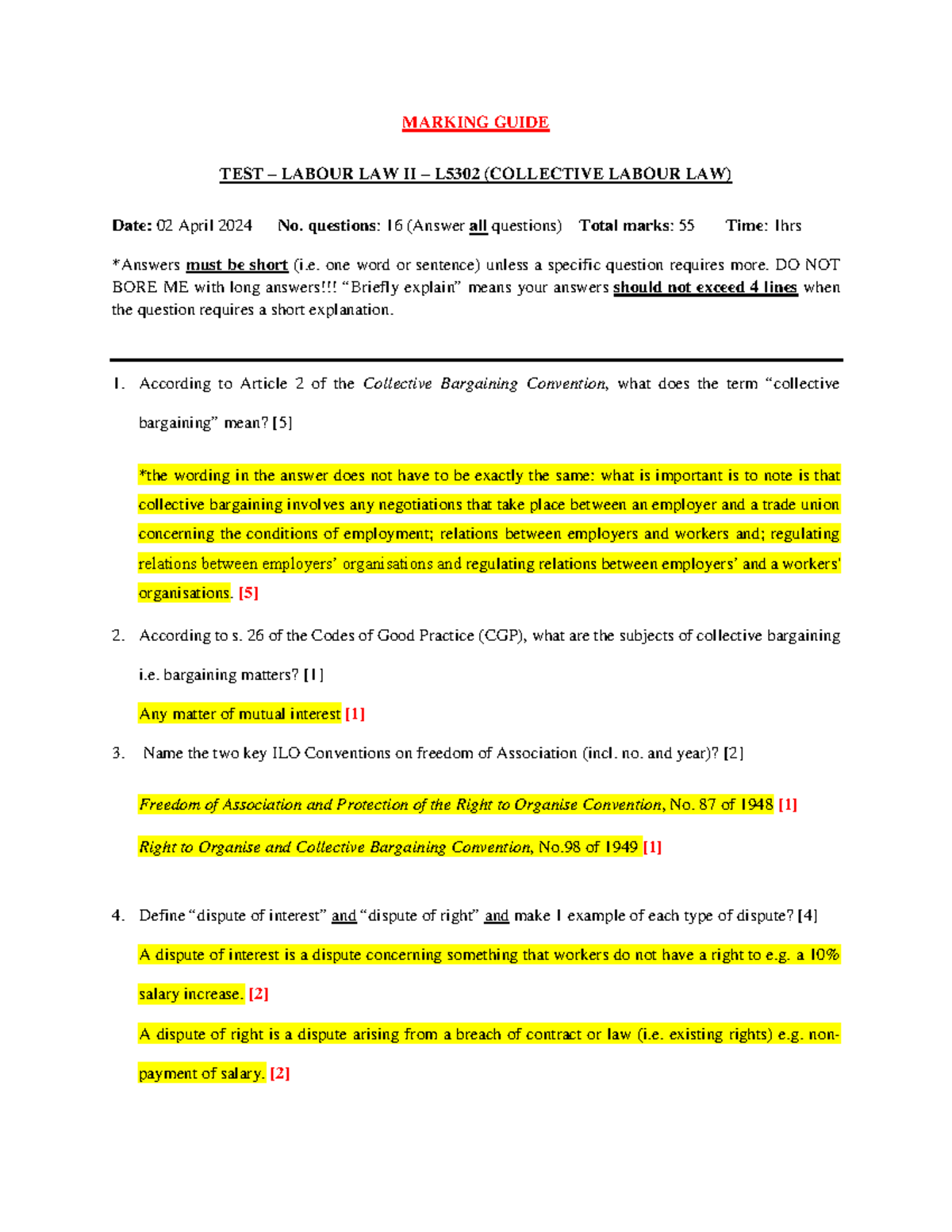 Marking Guide - Test 1 (02 Apr 2024) - MARKING GUIDE TEST – LABOUR LAW ...