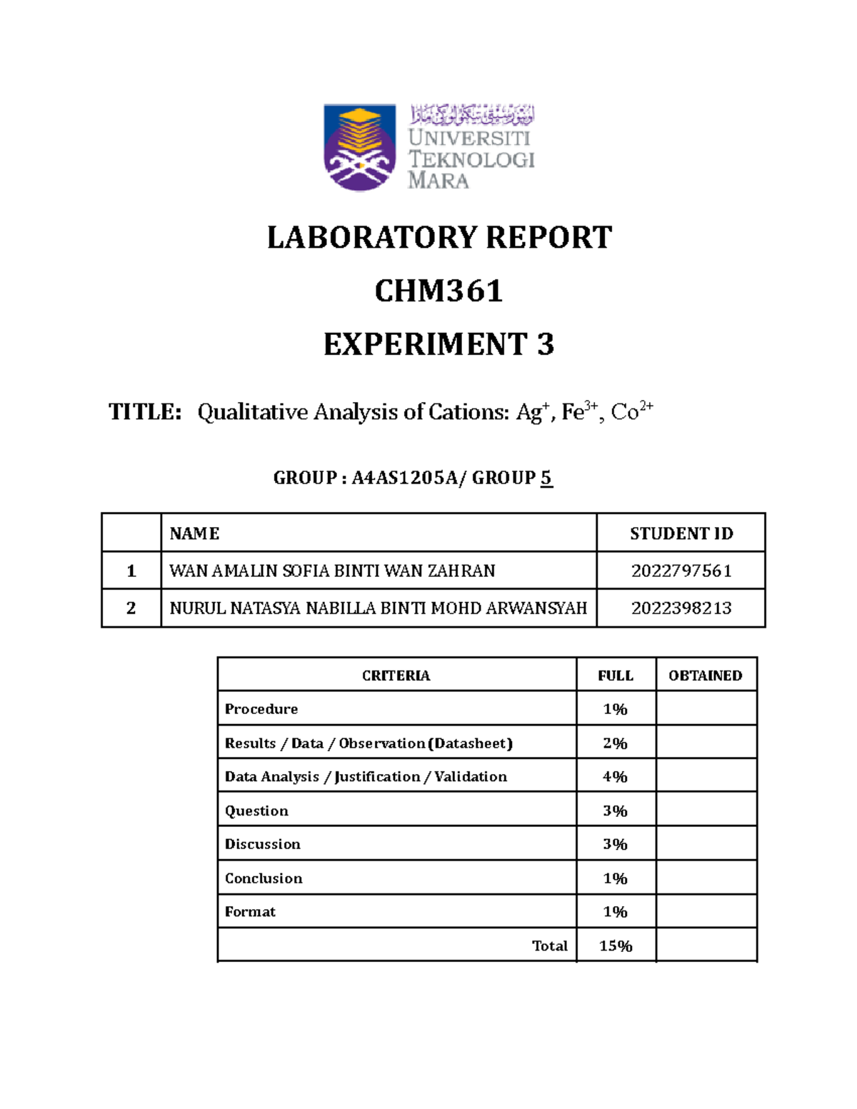 Experiment 3 chm361 - LABORATORY REPORT CHM EXPERIMENT 3 TITLE: Qualitative Analysis of Cations ...