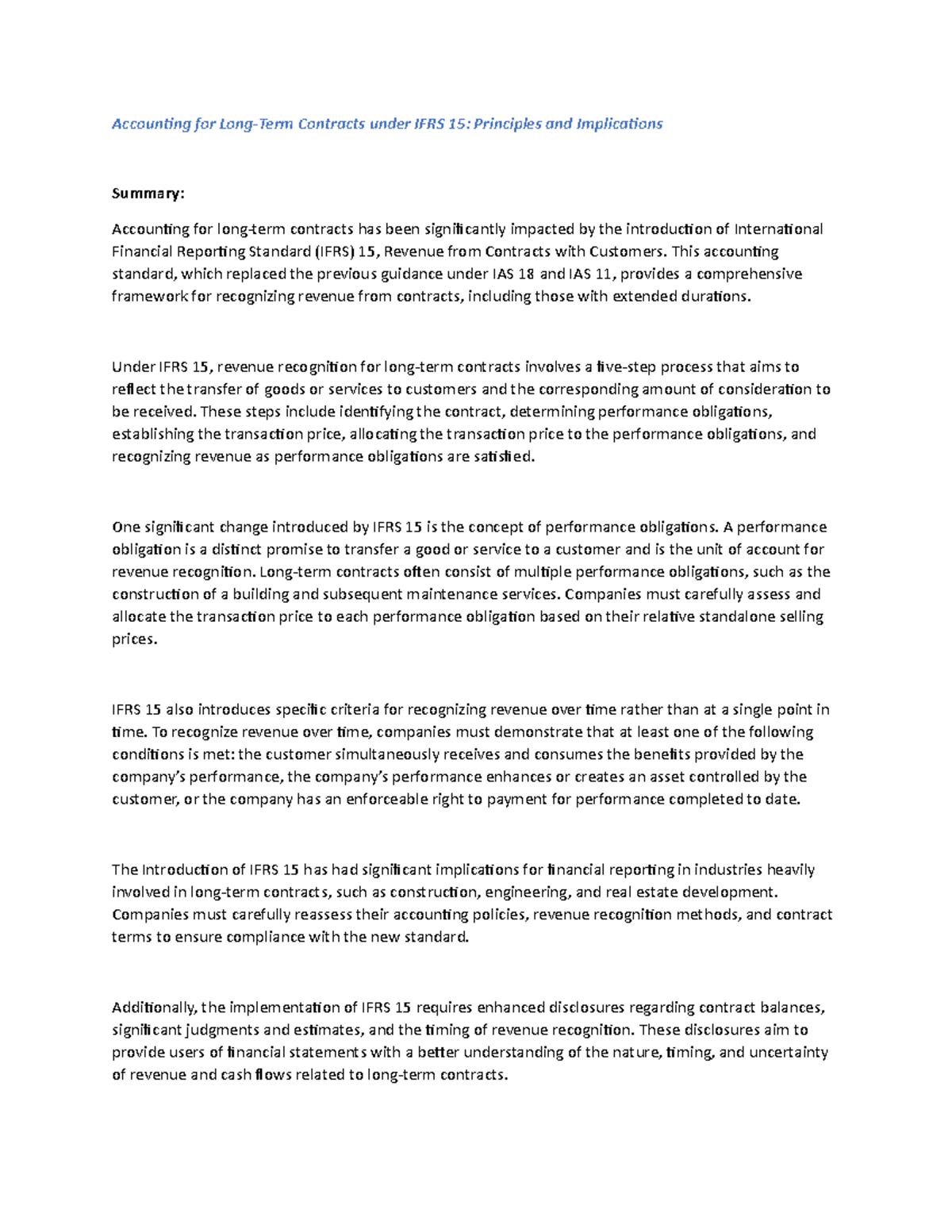 Accounting for Long-Term Contracts under IFRS 15 — Principles and ...