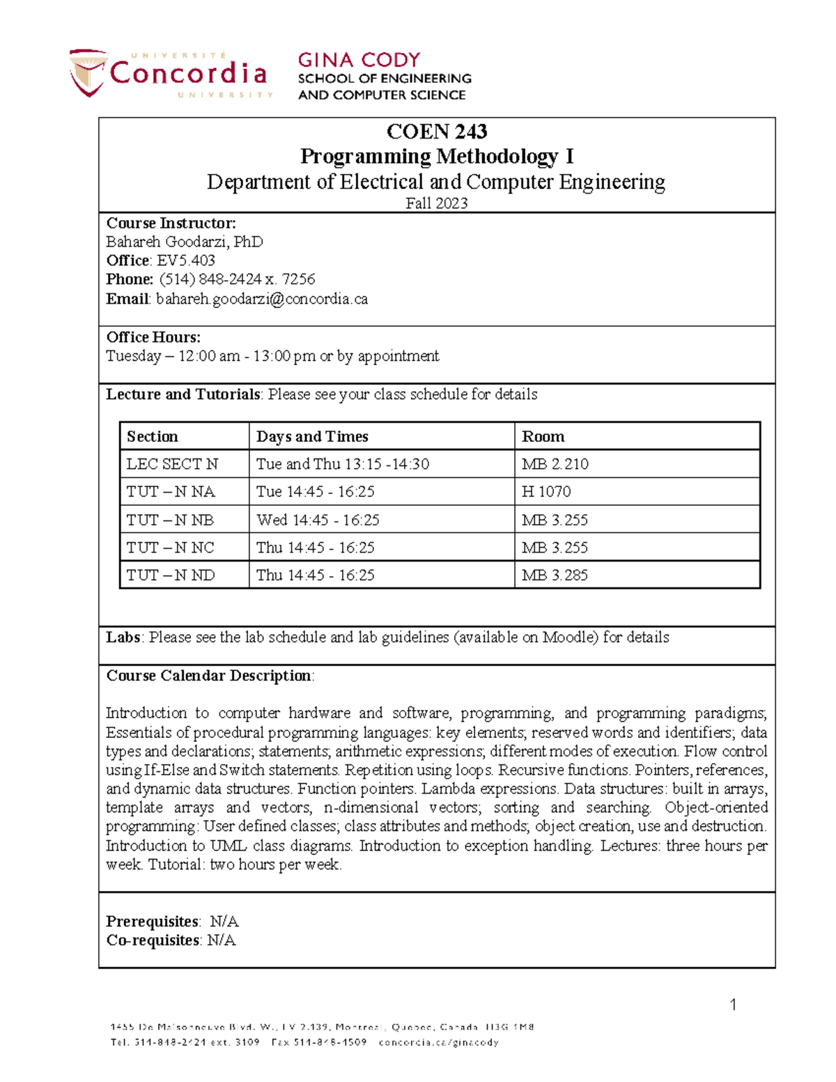 Course_outlinefall2023 - COEN 243 Programming Methodology I Department ...