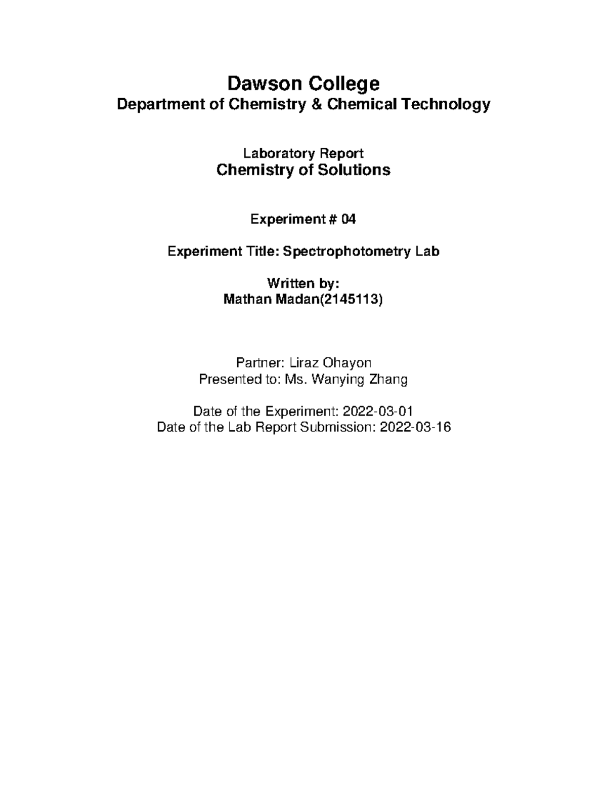 Lab #4 Report - Dawson College Department of Chemistry & Chemical ...