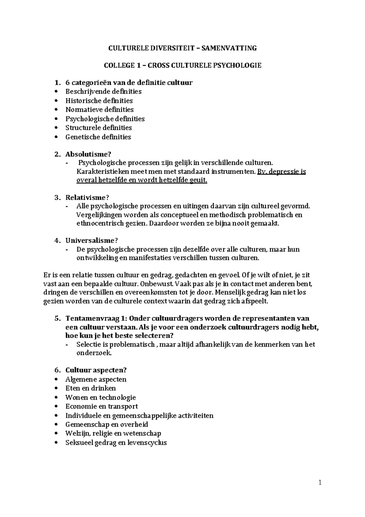 Samenvatting Cross-culturele psychologie: compleet - CULTURELE DIVERSITEIT – SAMENVATTING ...