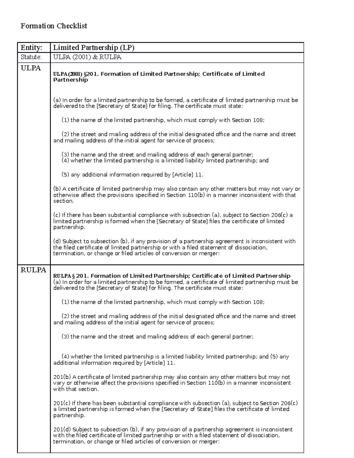 Business Entity Formation Checklist - Formation Checklist Entity: Limited Partnership (LP ...