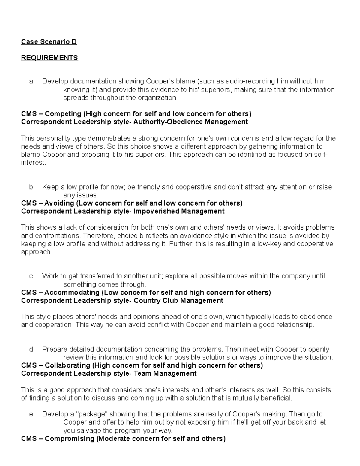 Case Scenario D - IN CLASS - Case Scenario D REQUIREMENTS a. Develop ...