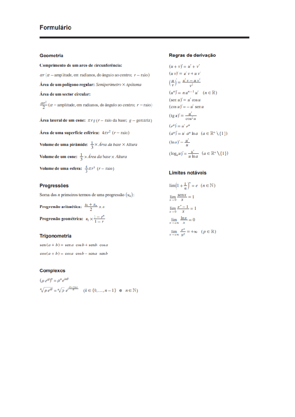 Formulário Mat A - Formulário do exame de Mat A - Formulário Geometria ...