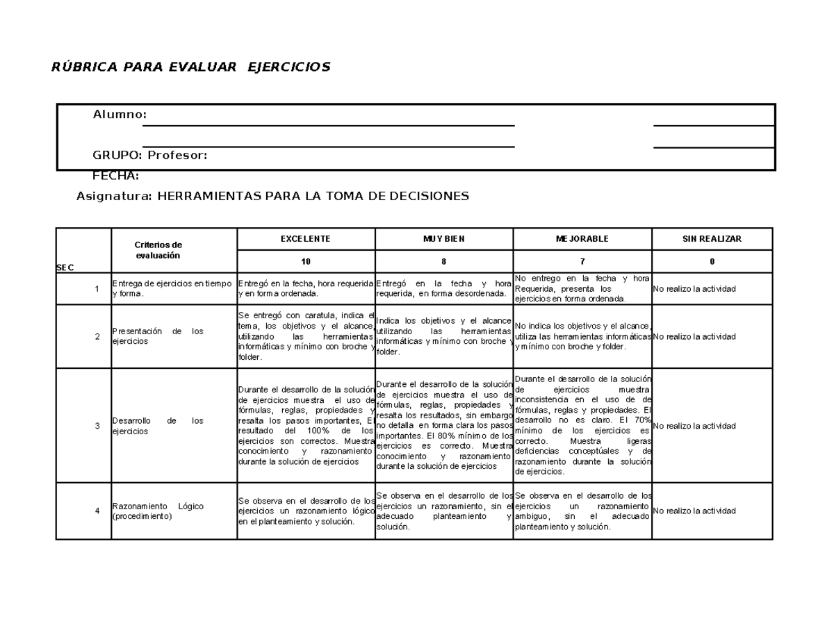 IE01- Rubrica-Analisis de decisiones - RÚBRICA PARA EVALUAR EJERCICIOS ...