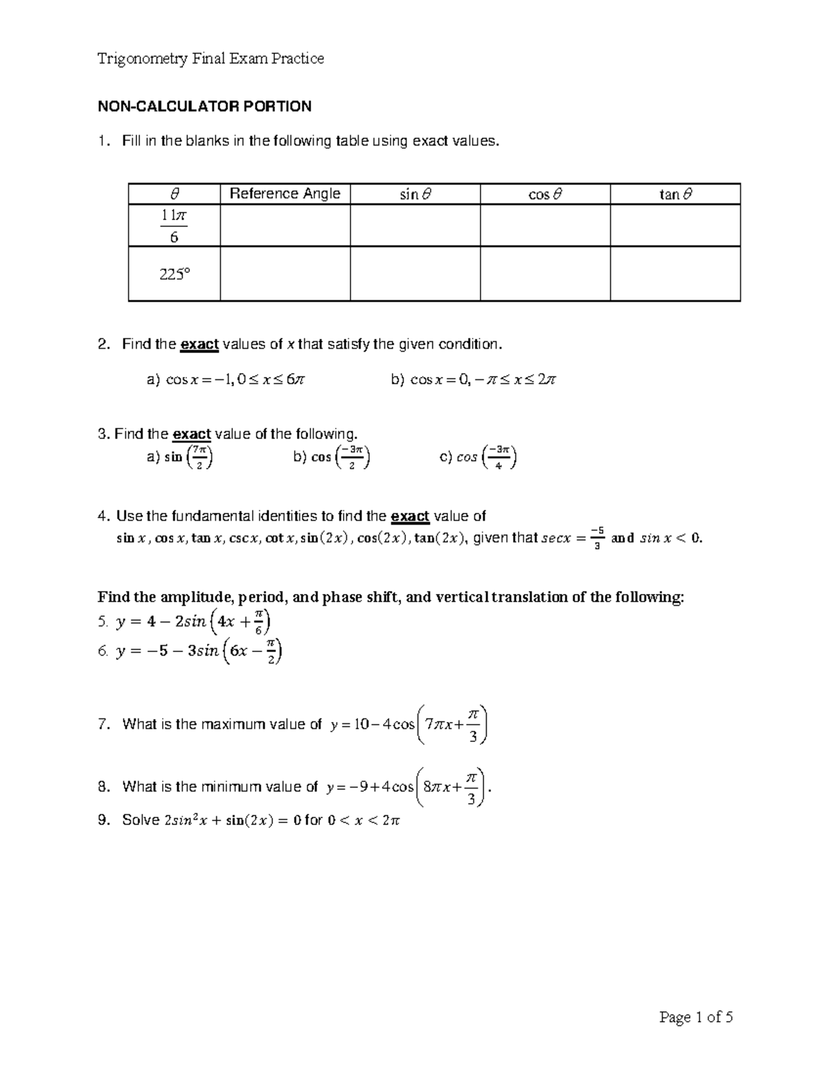 Trigonometry Final Exam - NON-CALCULATOR PORTION Fill in the blanks in ...