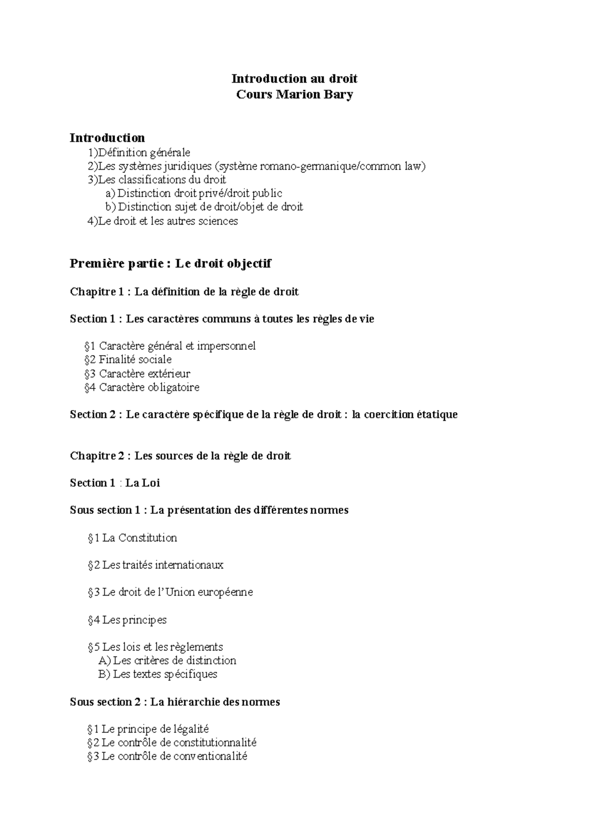 Plan intro droit - Plan - Introduction au droit Cours Marion Bary Introduction 1)Définition ...