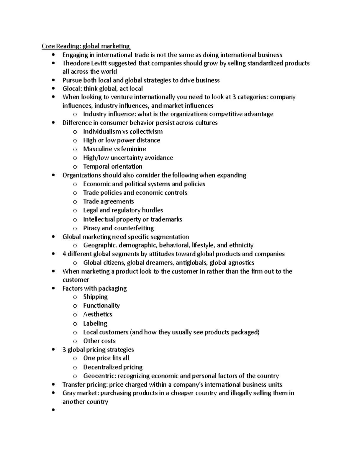 Quiz 1 Notes - Core Reading: global marketing Engaging in international ...
