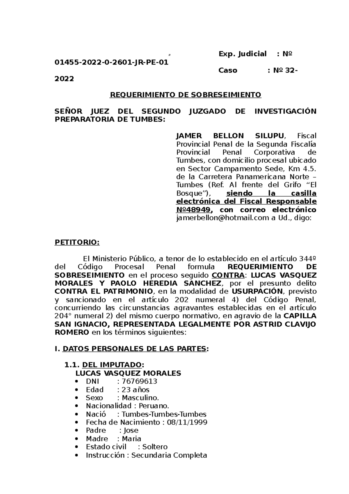 32-2022 Sobreisimiento Usurpación - Exp. Judicial : Nº 01455-2022-0-2601-JR-PE- Caso : Nº 32 ...