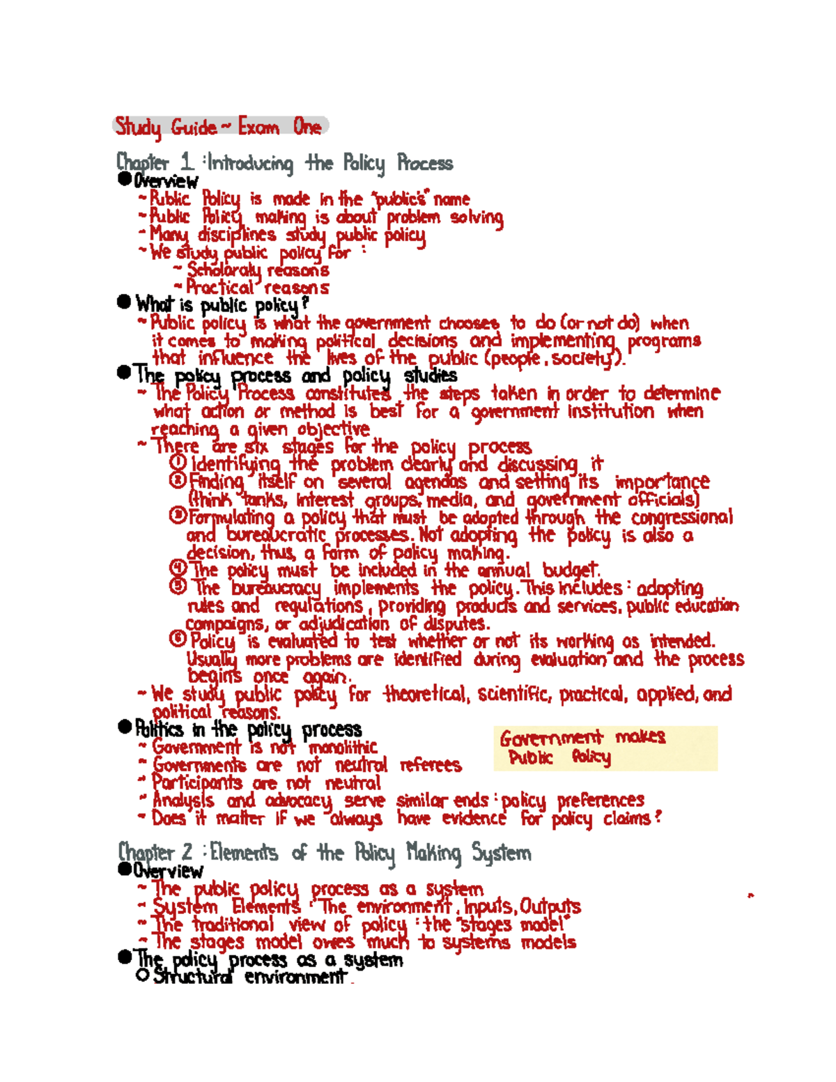 Lecture notes 1-5 intro to public policy course - Study Guide Exam One ...