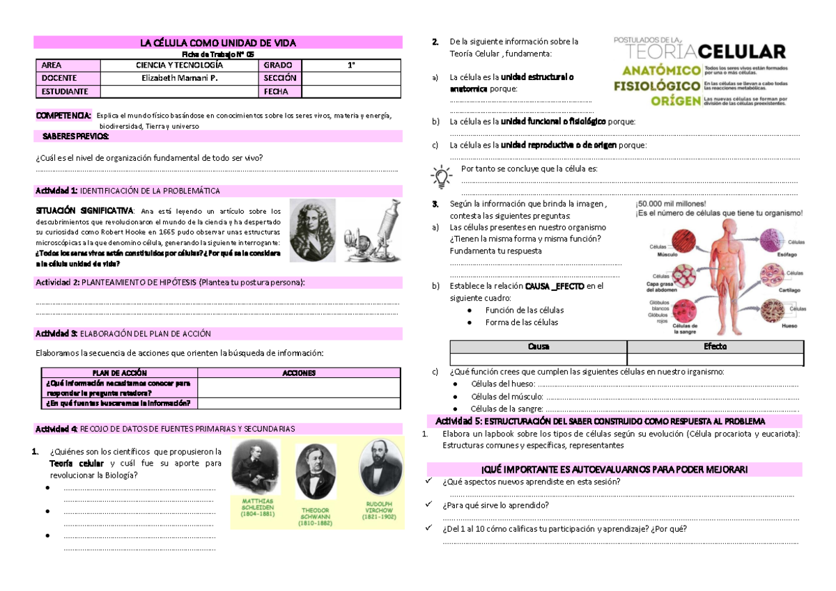 Ficha 5 Nivel celular - CELULA - LA CÉLULA COMO UNIDAD DE VIDA Ficha de ...