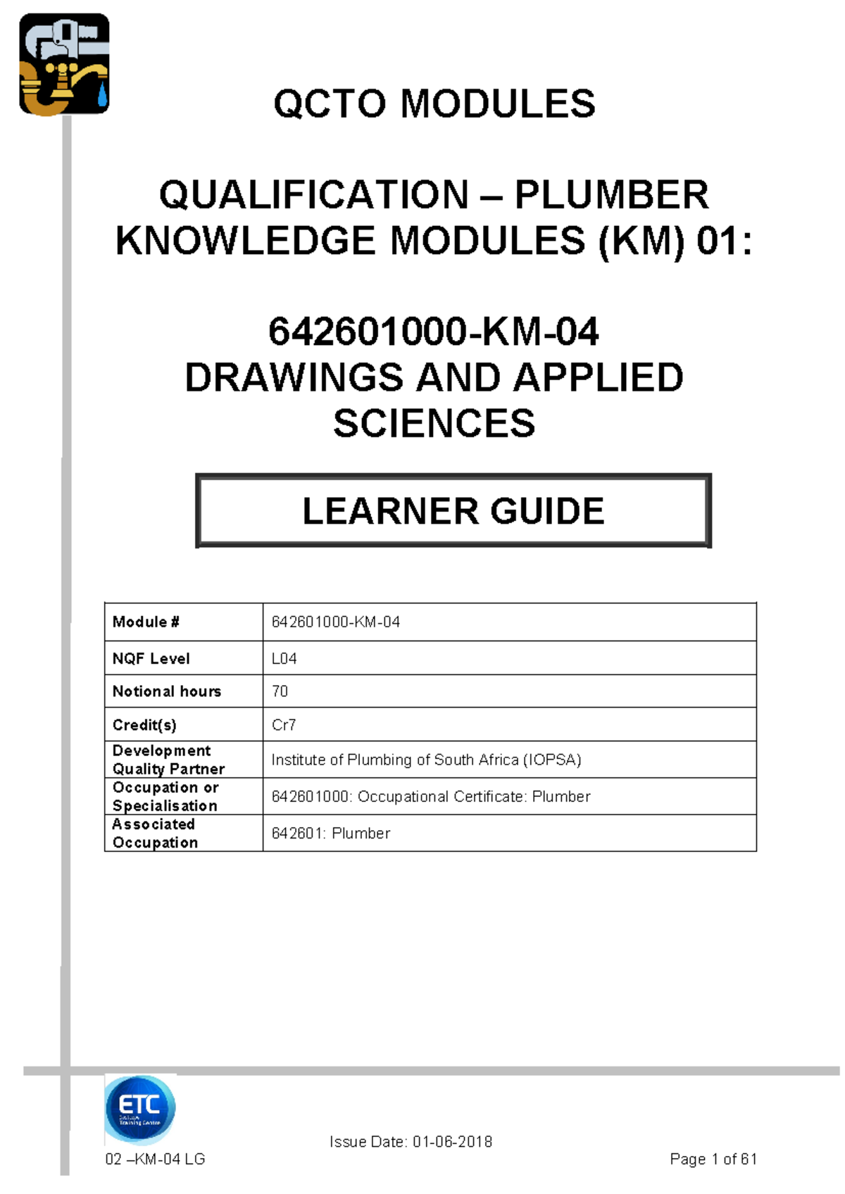642601000-KM-04 - Learner guide - QCTO MODULES QUALIFICATION – PLUMBER ...