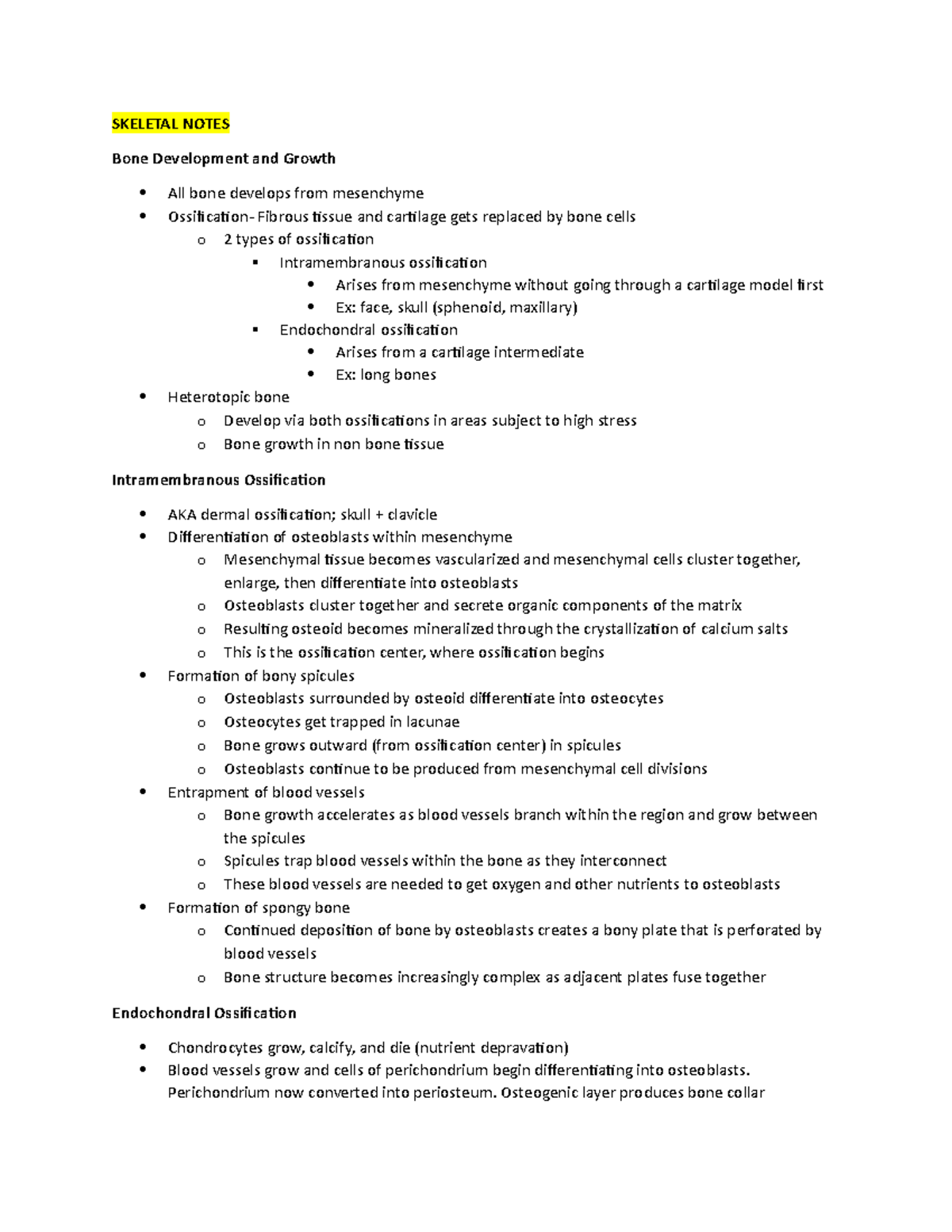 Unit 2 study guide- muscular and skeletal - SKELETAL NOTES Bone ...
