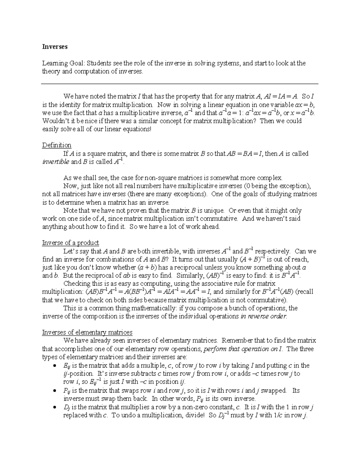 12 Inverses - Inverses Learning Goal: Students see the role of the ...
