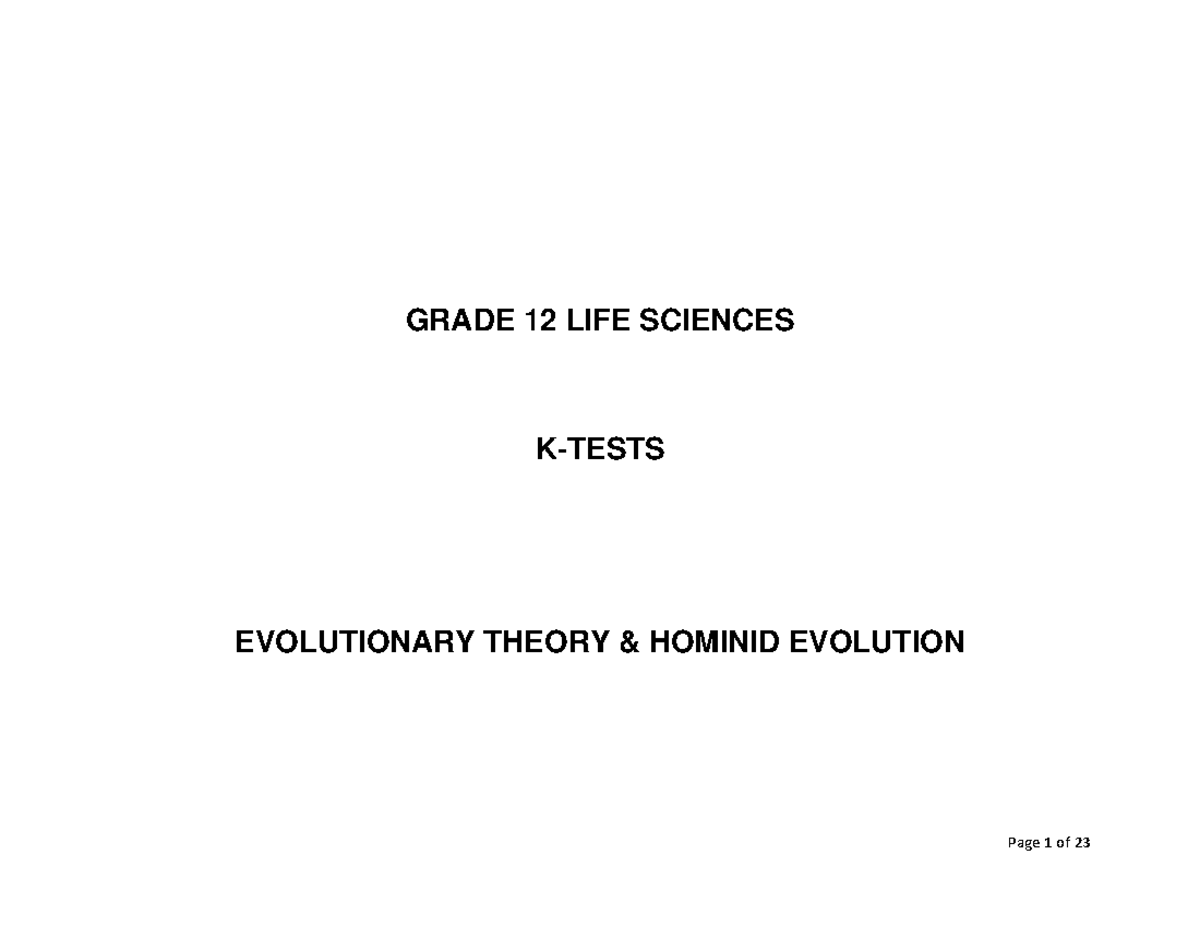 Grade 12 Evolution & Hominid Evolution - GRADE 12 LIFE SCIENCES K-TESTS ...