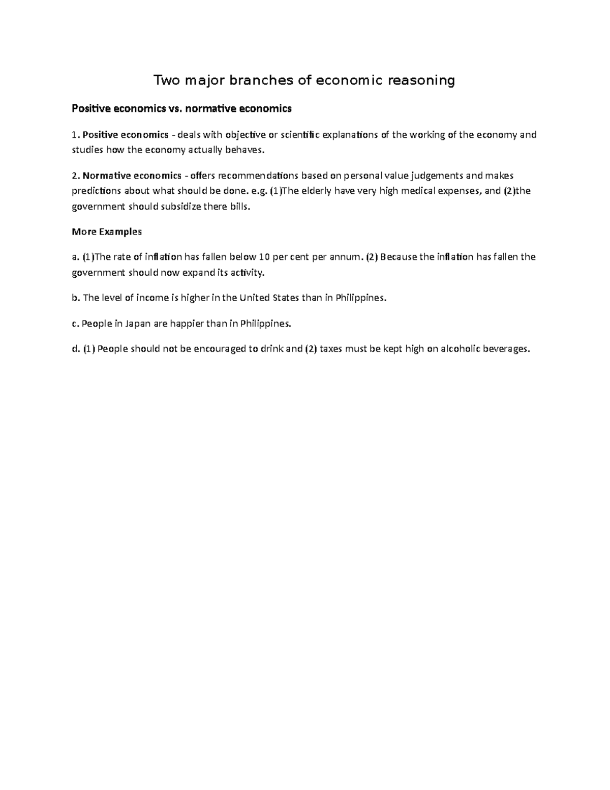 Two major branches of economic reasoning - Two major branches of ...