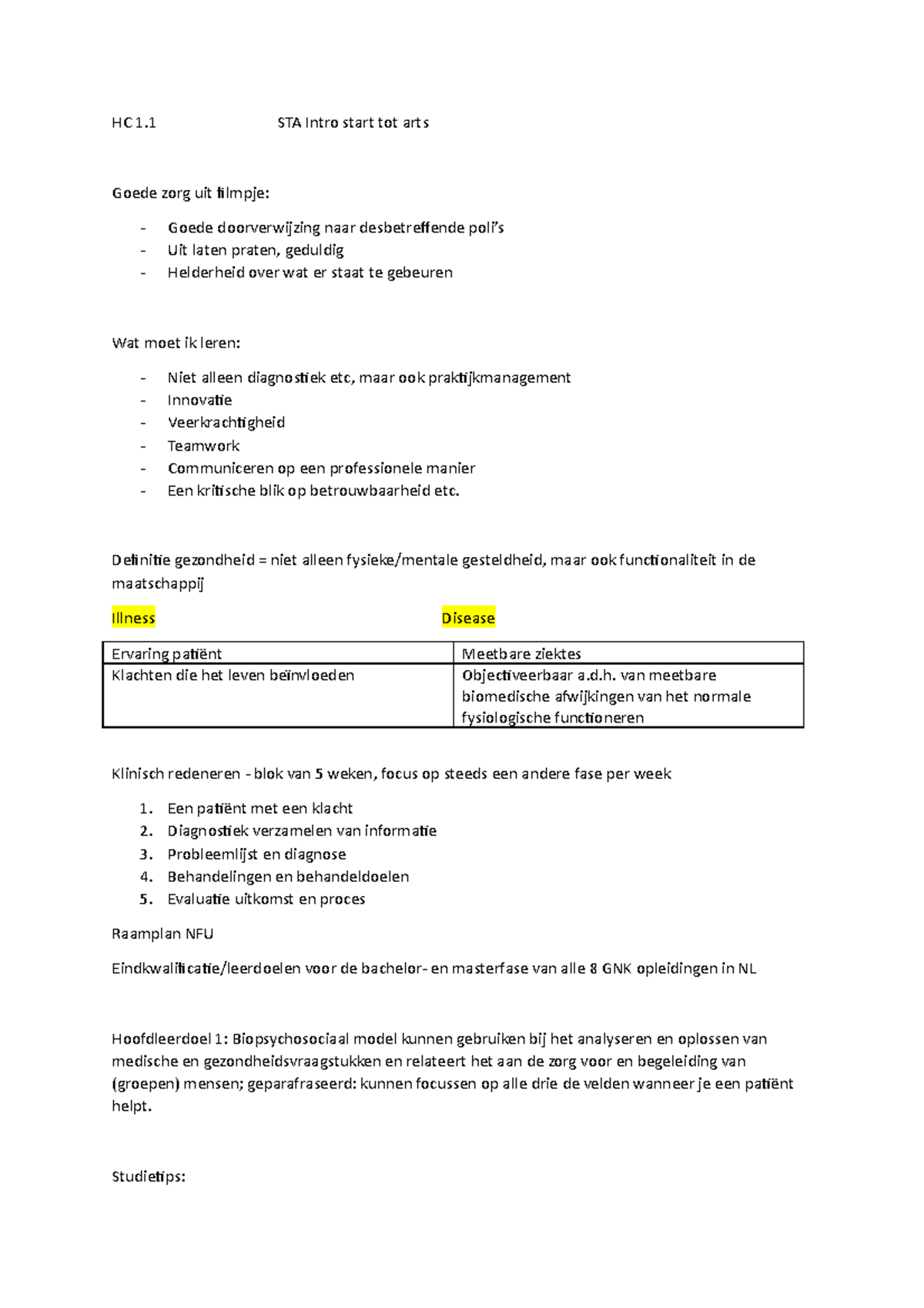 HC 1.1 intro start tot arts - HC 1 STA Intro start tot arts Goede zorg ...