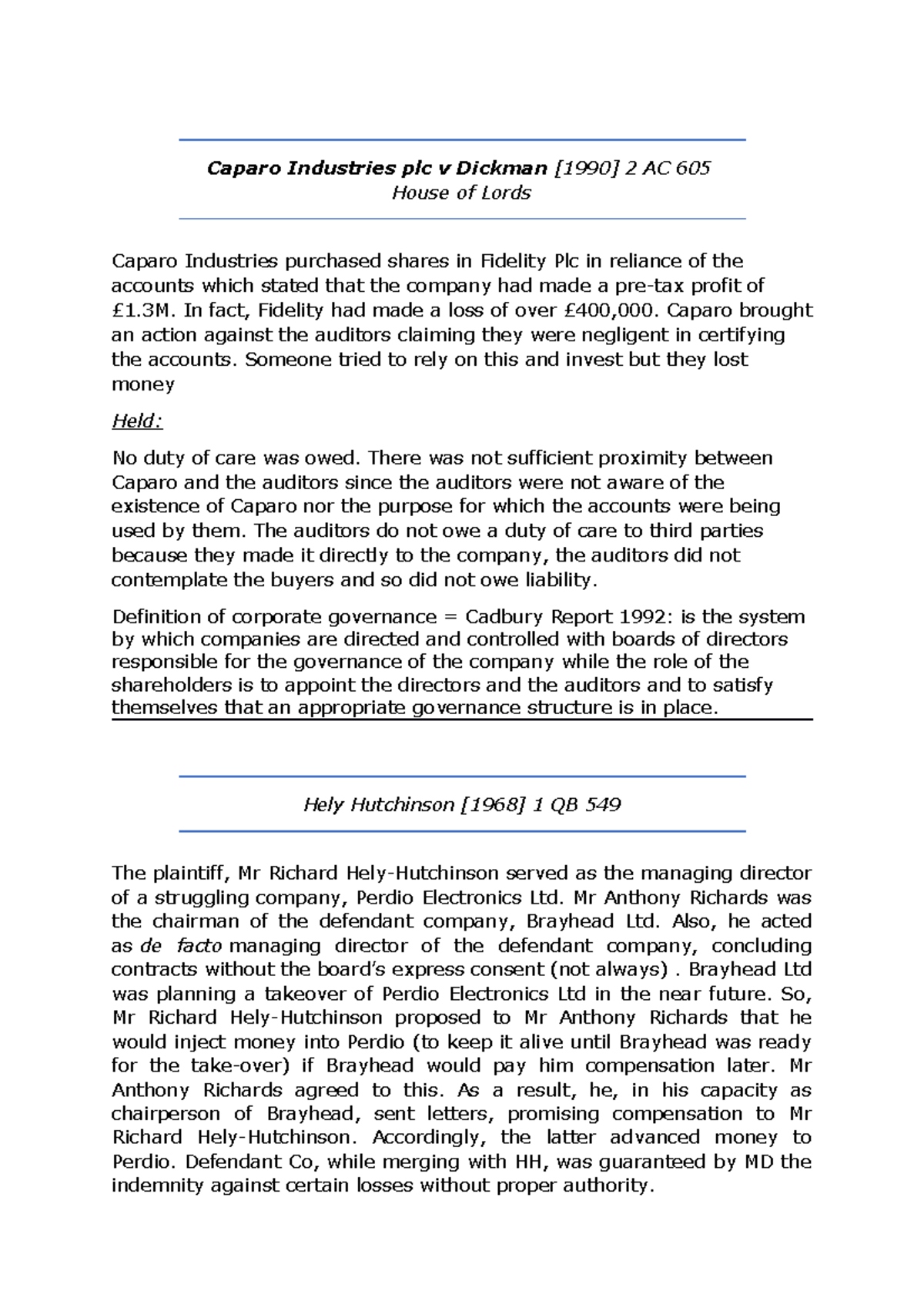 Company Officers - Caparo Industries plc v Dickman [1990] 2 AC 605 ...