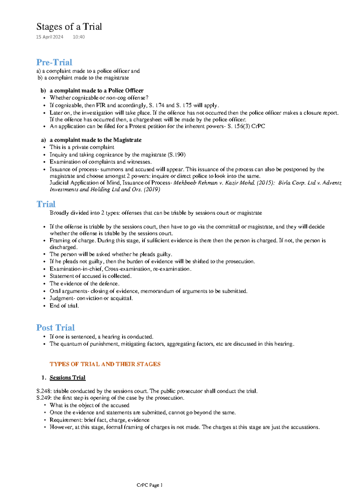 Stages of a Trial - Summary B.A.LL.B.(Honours in Adjudication and ...
