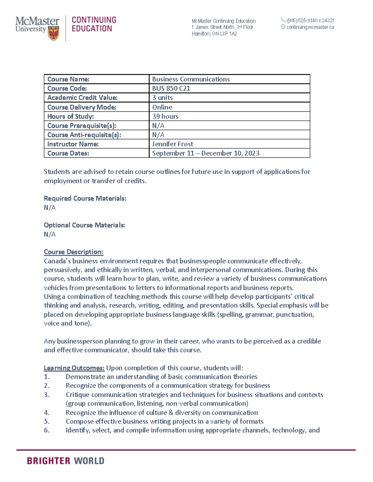 BUS 850 Business Communications C21 Online Fall 2023 - BUS825 ...