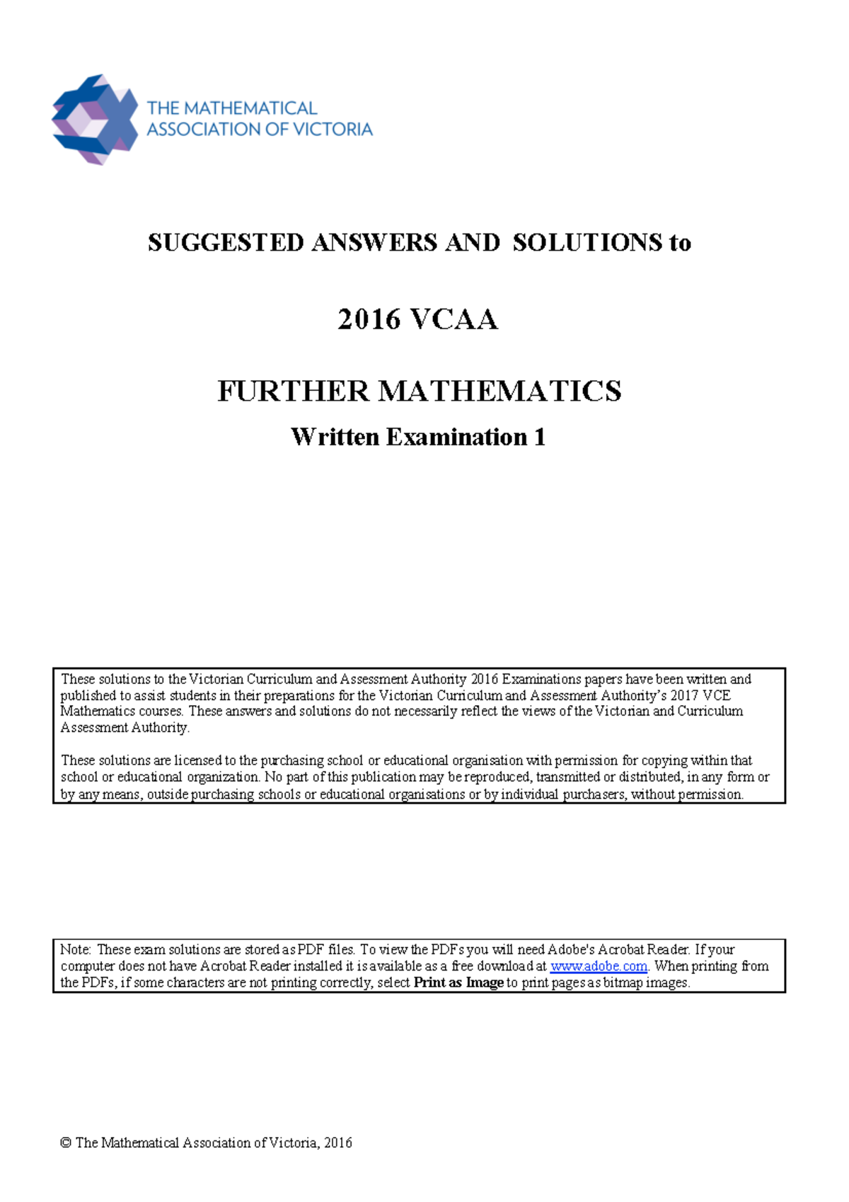 MAV Solutions to the 2016 VCAA Further Mathematics Exam 1 - © The ...
